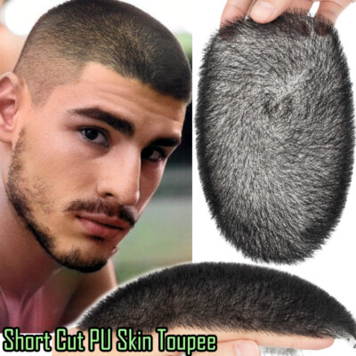 Mens Human Hair Toupee System Thin Skin PU Hairpiece Wig Short Buzz Cut ...
