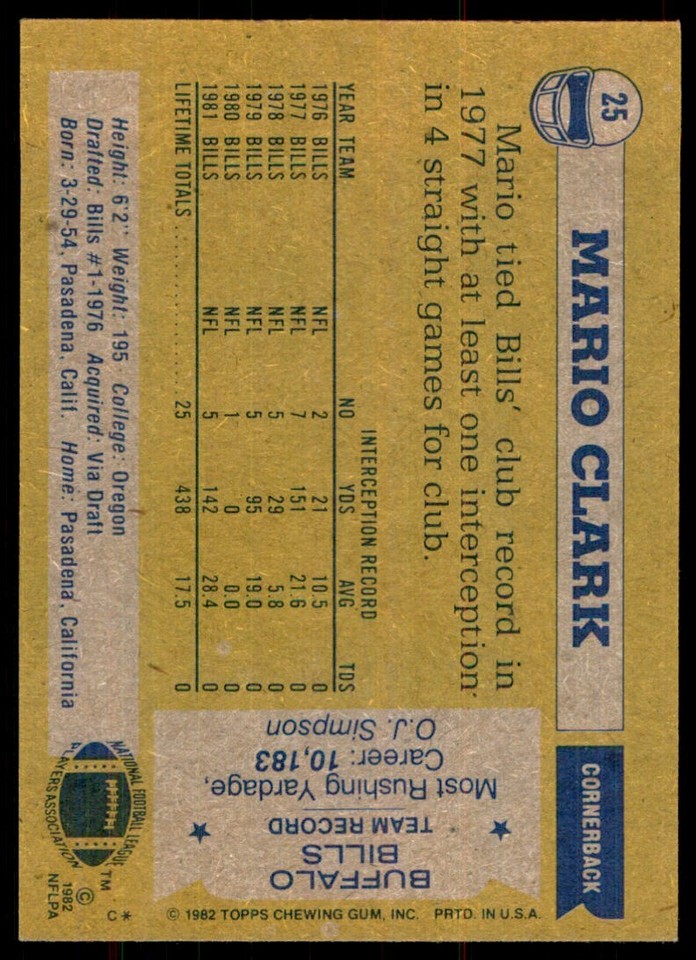1982 Topps~ Mario Clark Buffalo Bills #25 | eBay