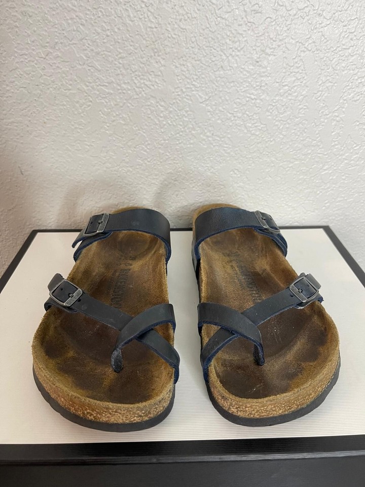 Birkenstock Mayari Black Leather Sandals Slip On Toe Loop Women's 39 EU ...