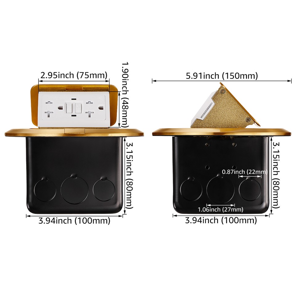 Pop-up Floor Outlet Box with Brass Cover, Round GFCI Receptacle Outlet ...