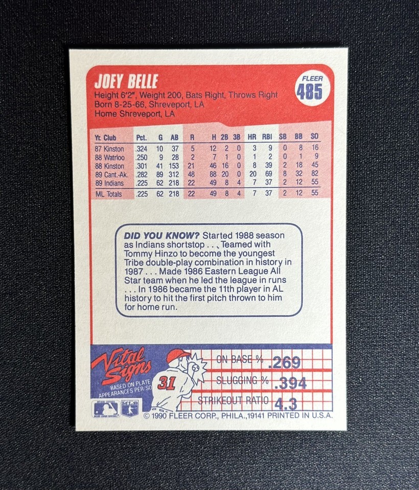 1990 Fleer Joey Albert Belle #485 Rookie Baseball Card RC Cleveland ...