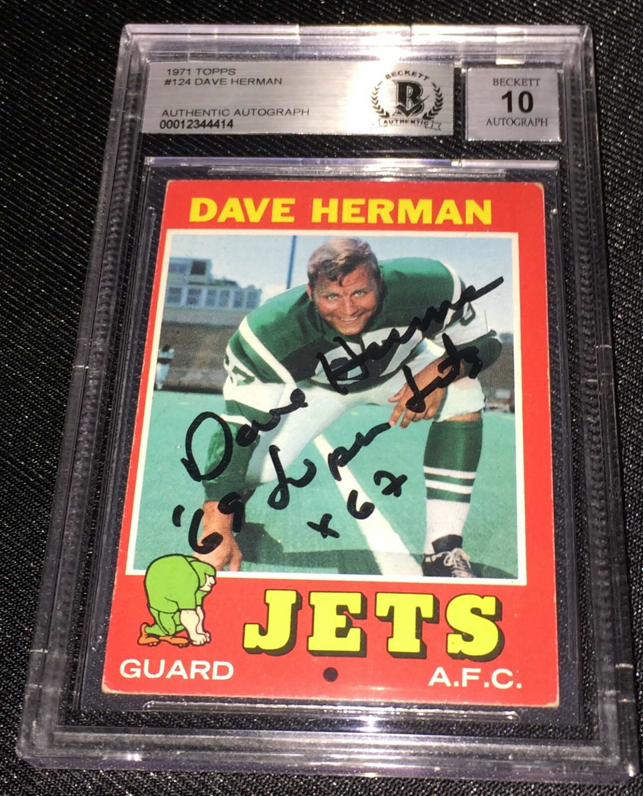 DAVE HERMAN SIGNED 1971 TOPPS NY JETS CARD BECKETT AUTO GRADE 10 ...
