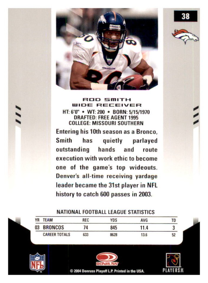 2004 Certified Rod Smith NFL Base Card PWE Set Break Foil Broncos #38 ...