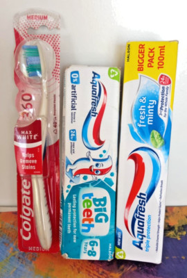 AQUAFRESH 100ML+AQUAFRESH 6-8 YEARS TOOTHPASTES 75ML+COLGATE BRUSH ...