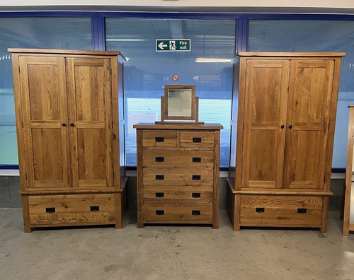 2 Rustic Solid Oak Double Wardrobes & Large Chest of Drawers | eBay UK