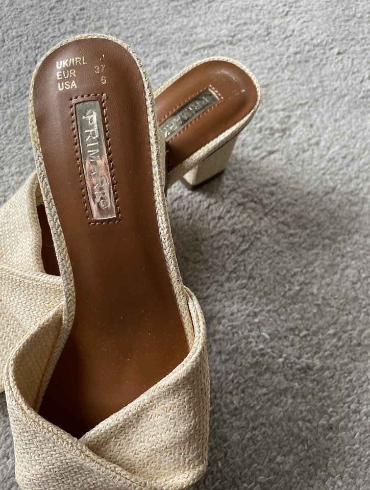 LADIES NEW PRIMARK OATMEAL SUMMER OPEN FRONT BLOCK HEEL SANDAL KNOT ...