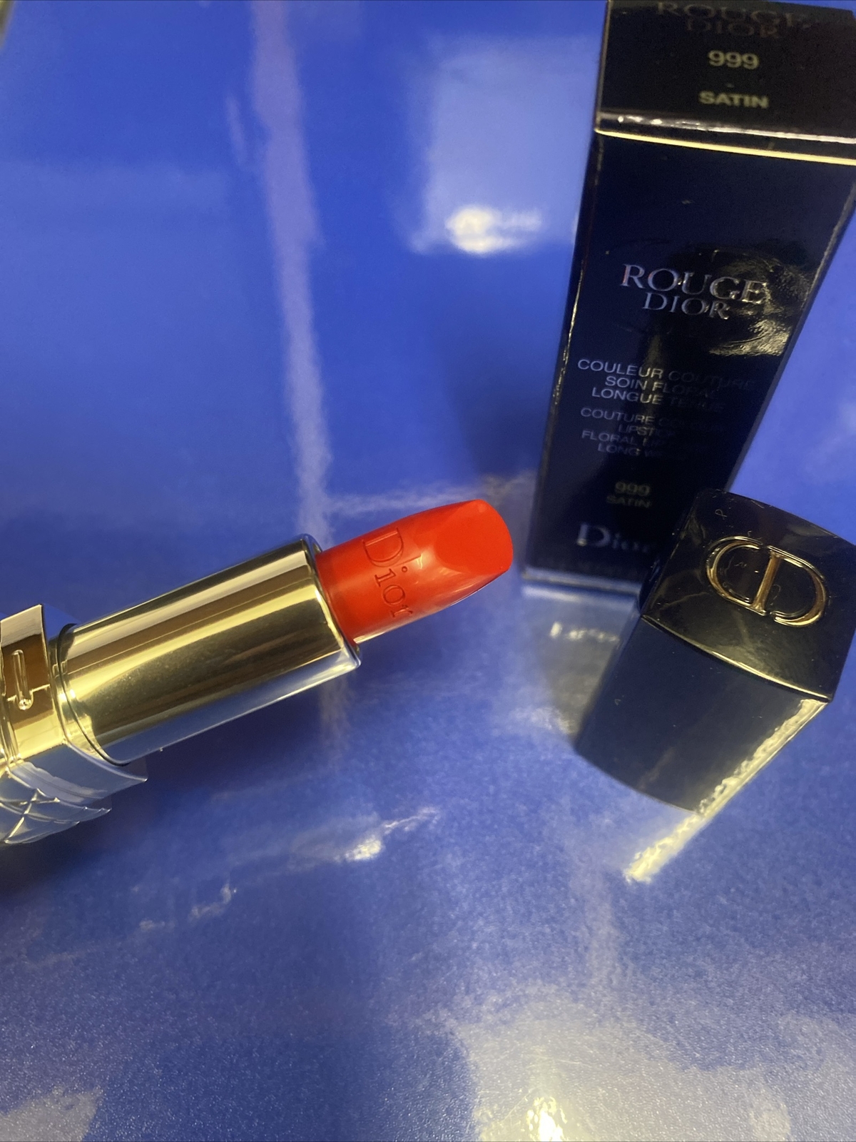 DIOR ROUGE 999 SATIN Floral Lip Care Long Wear Lipstick 1.5g/ 0.05 oz ...