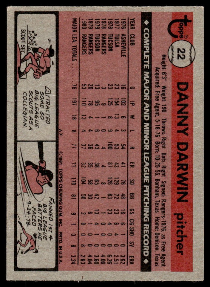 1981 Topps Danny Darwin #22 Texas Rangers Baseball Card | eBay