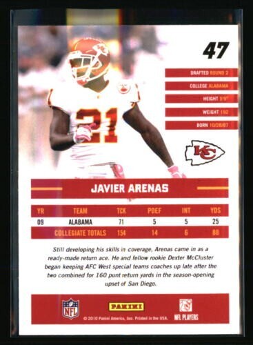 Javier Arenas 2010 Donruss Rated Rookie Football Card #47 Kansas City ...