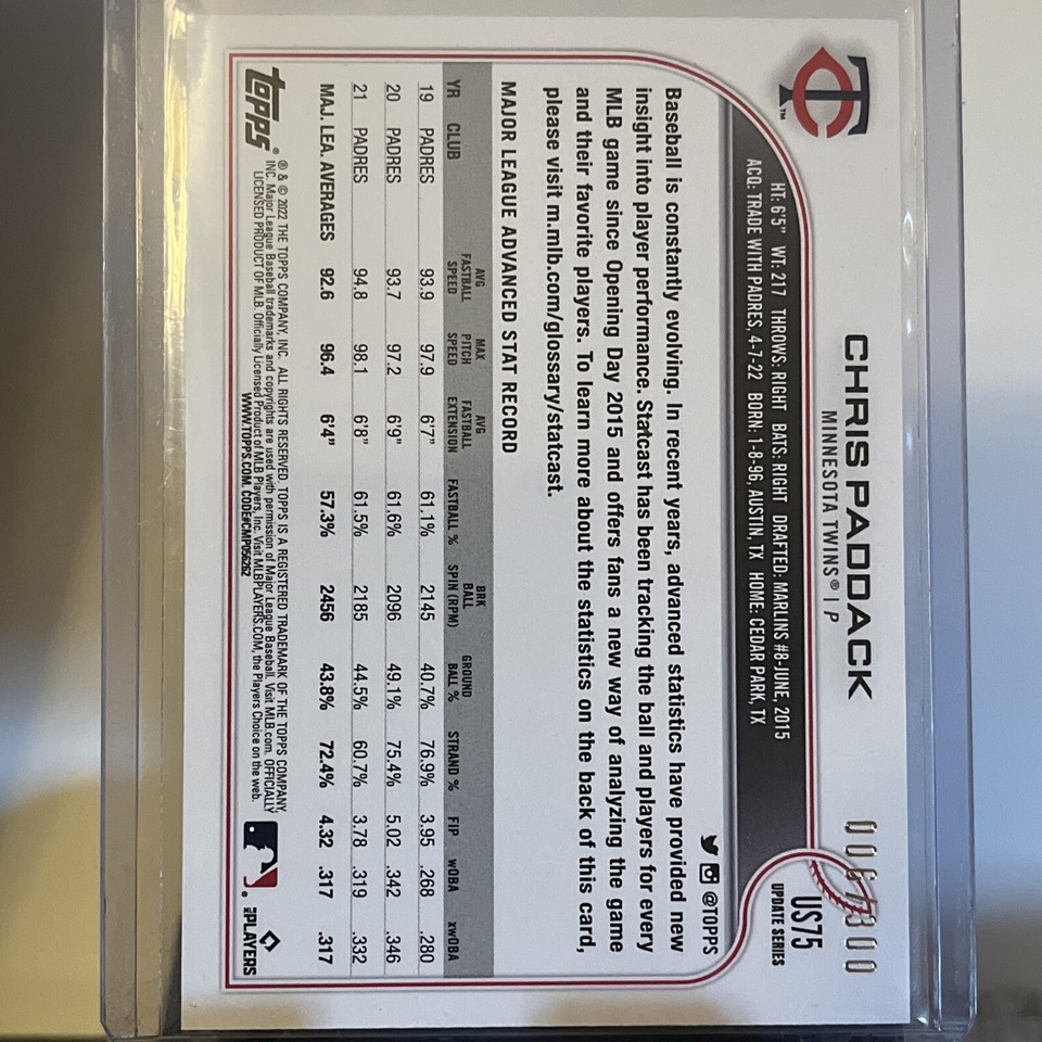 2022 Topps Update CHRIS PADDACK ADVANCED STATS Parallel 006/300 Twins ...