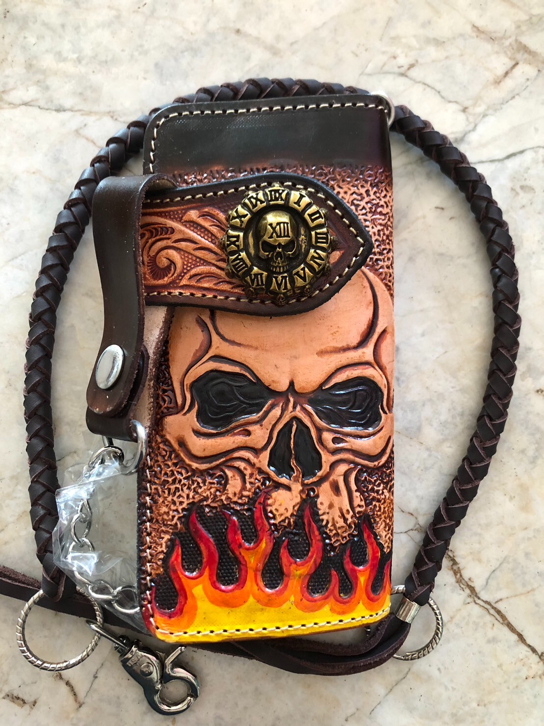 Skull Carved Wallet Handmade Cowboy Wallet Mens Bifold Wallet Chain ...