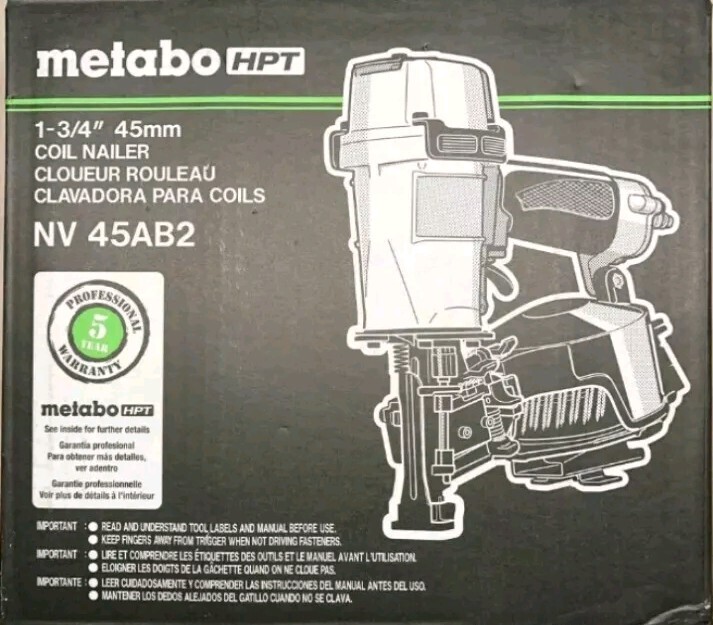 Metabo HPT NV45AB2M Nail Gun uses standard coil roofing nails 7/8in to ...
