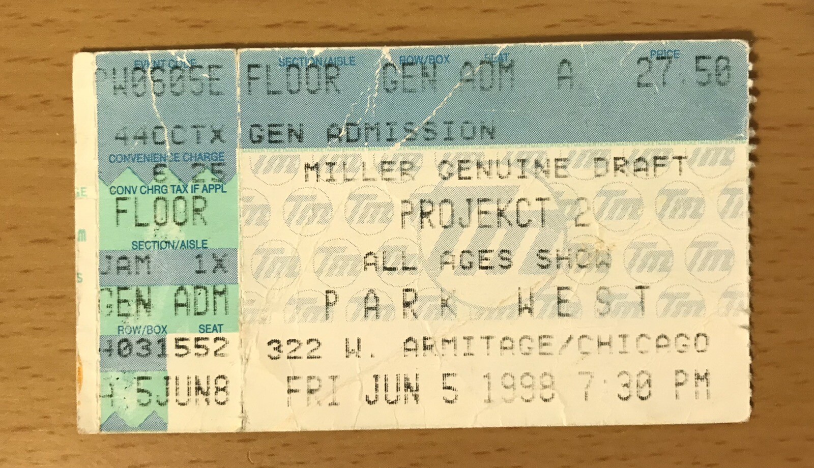 1999 PROJEKCT TWO 2 PARK WEST CHICAGO CONCERT TICKET STUB KING CRIMSON ...