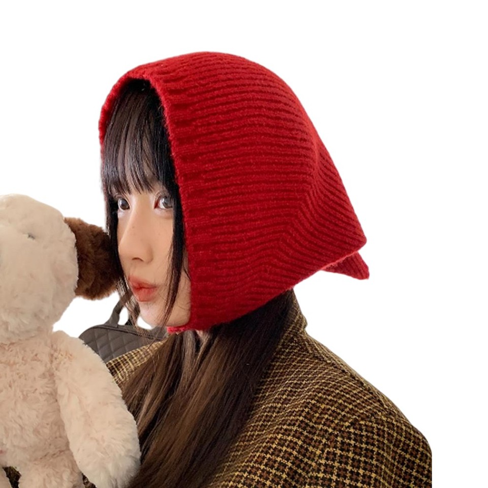 Women Button Triangular Hair Scarf Ear Protector Knit Hat Solid Color ...