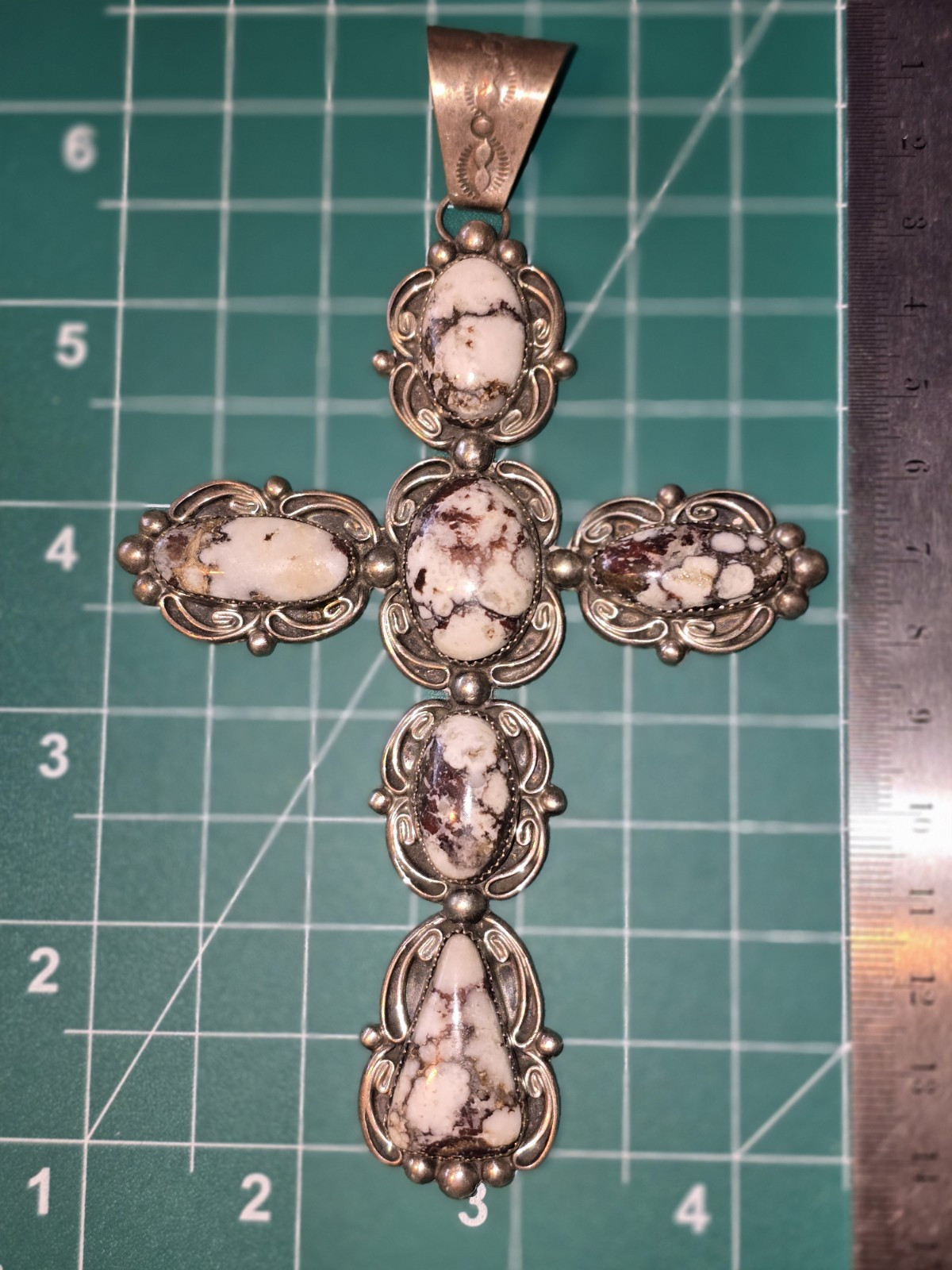 Large White Buffalo Stone, Sterling Handmade Cross. - Gem