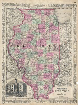 1863 Johnson Map of Illinois | eBay
