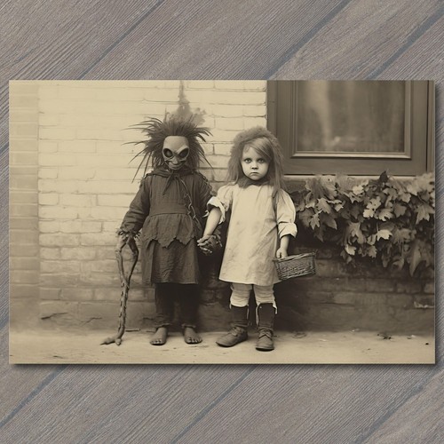 POSTCARD Weird Creepy Vintage Vibe Kids Masks Halloween Cult Strange ...