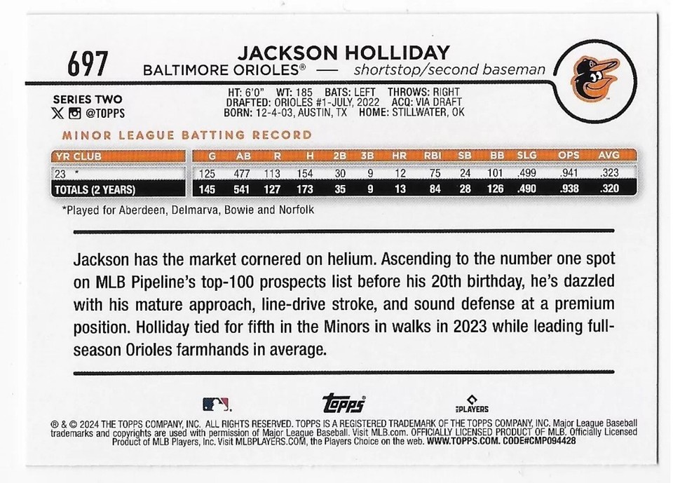2024 Topps Series 2 Jackson Holliday Rookie Image Variation RC SSP #697 ...