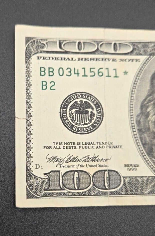 1999 One hundred dollar bill star note Fancy serial number broken ...
