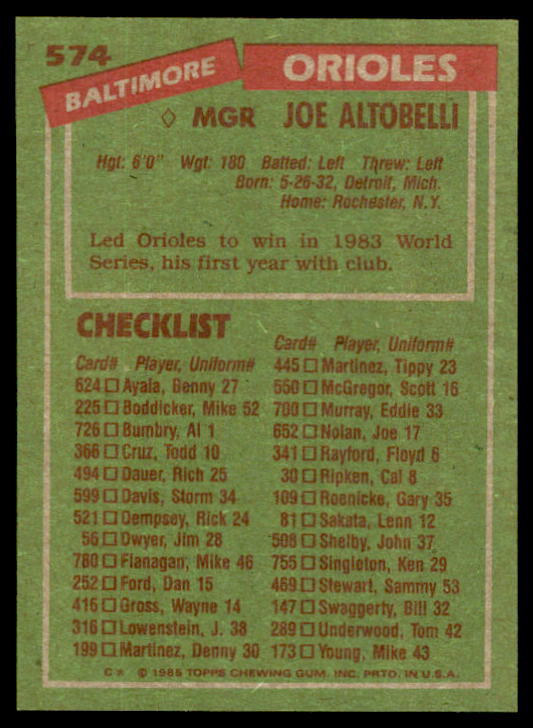 1985 TOPPS BASEBALL BALTIMORE ORIOLES #574 JOE ALTOBELLI | eBay
