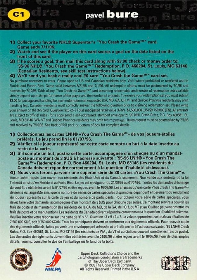 1995-96 Collector's Choice CTG Silver #C1C Pavel Bure 3/23/96 ...