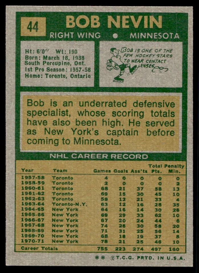 1971-72 Topps #44 Bob Nevin Minnesota North Stars NR-MINT SET BREAK! | eBay