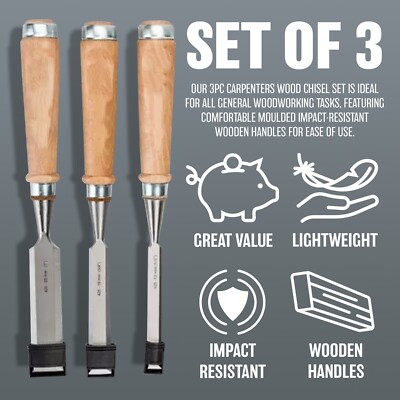 3PC CARPENTERS WOOD CHISEL SET TOOLS WOODEN HANDLES DIY WORKSHOP CARVE ...