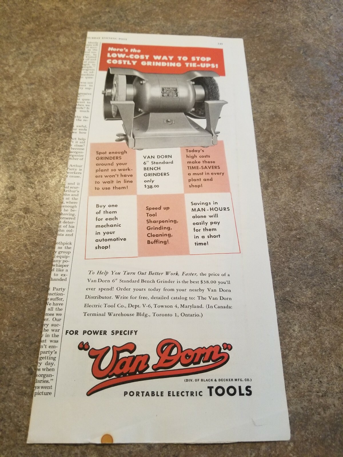 1949 Vintage Print Ad Van Dorn Portable Electric Tools. Bench Grinder ...
