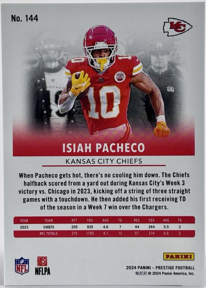 2024 Panini Prestige Isiah Pacheco Blue Xtra Points 124/599 #144 Chiefs ...