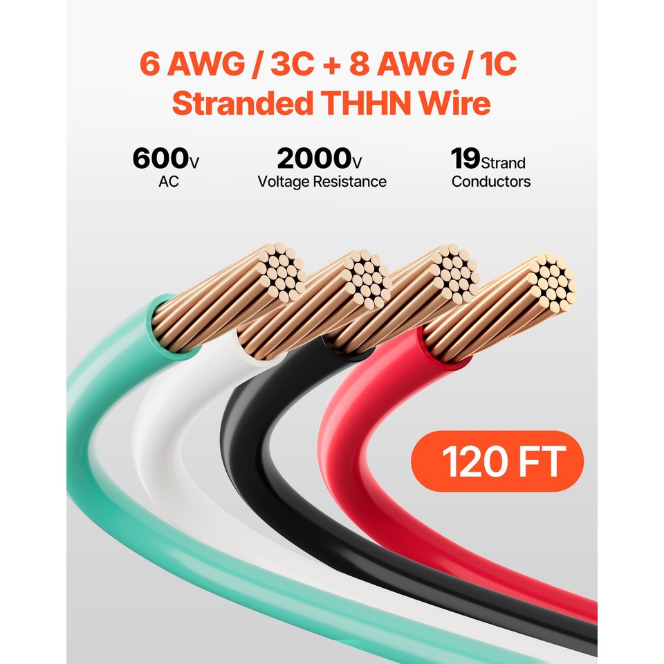 4 x 30FT THHN Wire 6 AWG Black White Red and 8 AWG Green Stranded ...