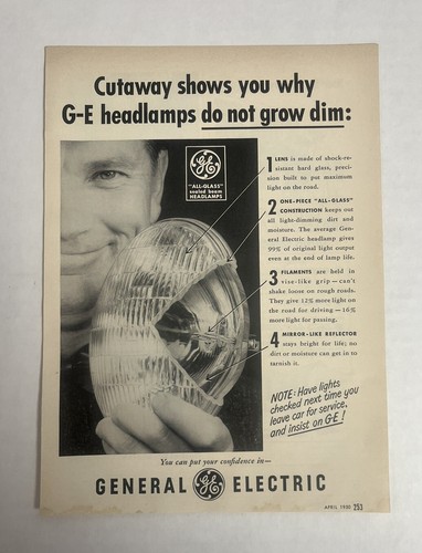 1950 GE General Electric All Glass Headlamps Print Ad Car Headlights ...