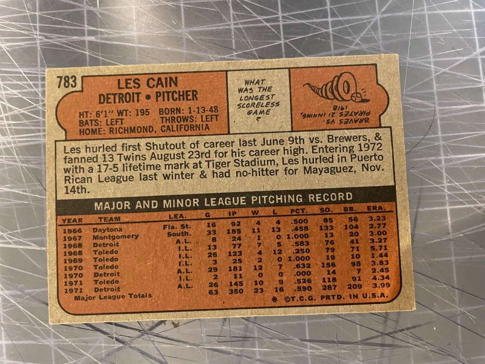 1972 TOPPS #783 LES CAIN DETROIT TIGERS HI# BASEBALL CARD NM/MT | eBay
