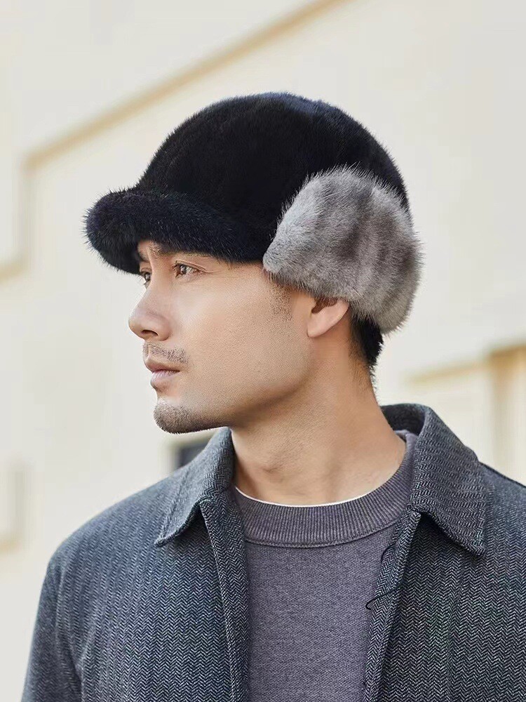 Autumn Winter Mens Peaked Cap Earflap Hat Real Mink Fur Warm Hat ...