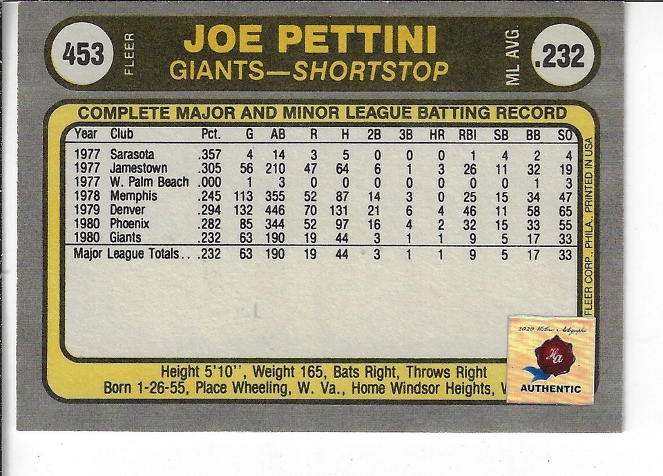 JOE PETTINI 1981 FLEER AUTOGRAPHED BASEBALL CARD 453 SAN FRANCISCO ...