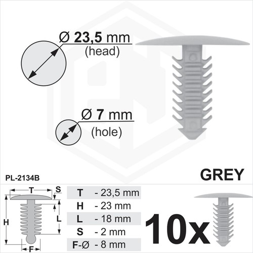 10 x Grey Plastic Fir Tree Trim Clips 7mm Hole, 23.5mm Head Car Push In ...
