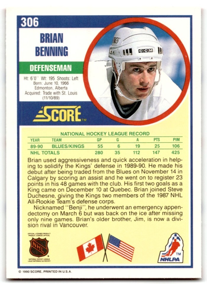 1990-91 Score Brian Benning Los Angeles Kings #306 | eBay