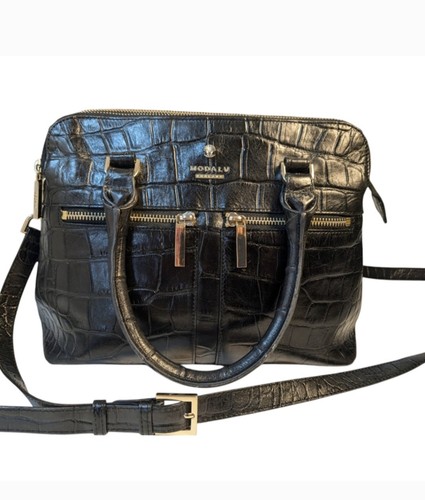 Modalu Pippa Black Croc Embossed Leather Grab Handbag Satchel Royal ...