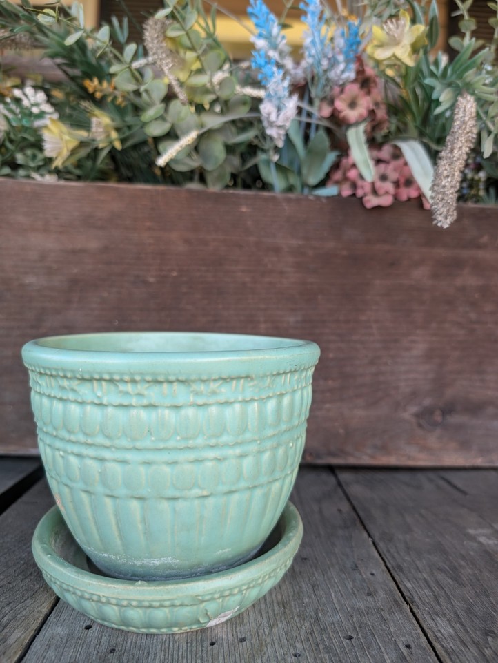 Vintage 1961 McCoy Pottery Turquoise Beaded Planter w/ Attached Saucer ...