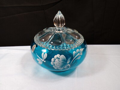 Large Fenton Painted Blue Glass Vanity Dresser Puff Box White Dragonfly ...