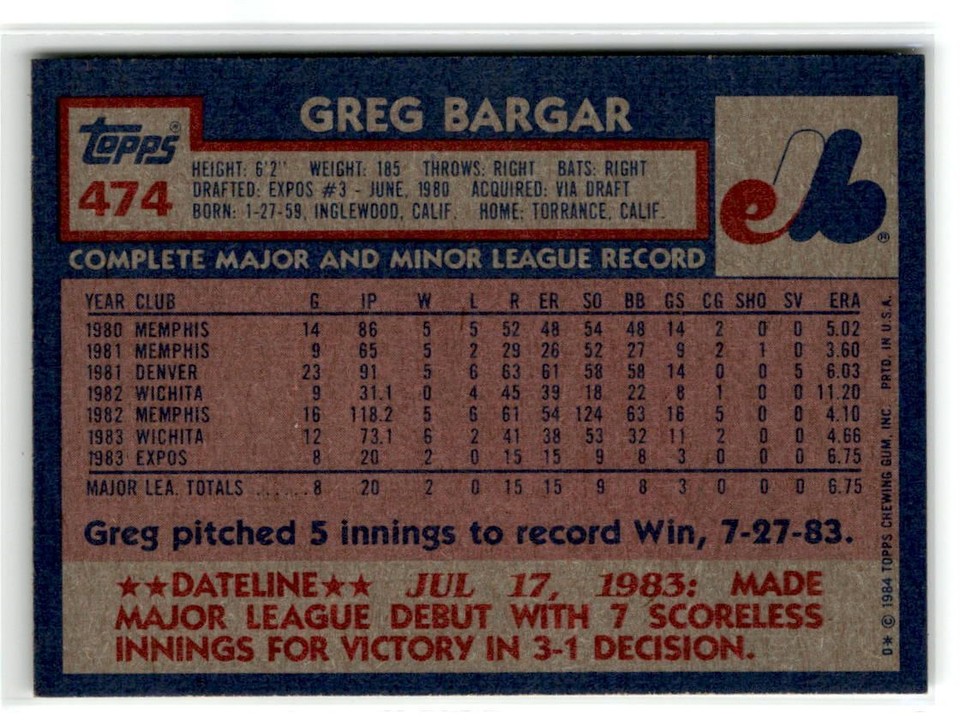1984 Topps BASEBALL #474 Greg Bargar Rookie Montreal Expos | eBay