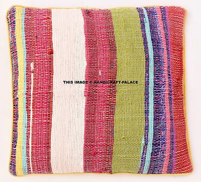16" Yellow Chindi Rag Rug Indian Decorative Cushion Cover Stripe Throw ...