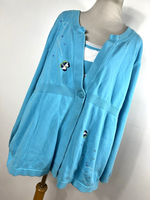 Quacker Factory 2X Sweater Cardigan Aqua Blue Floral Embroidered Spring ...