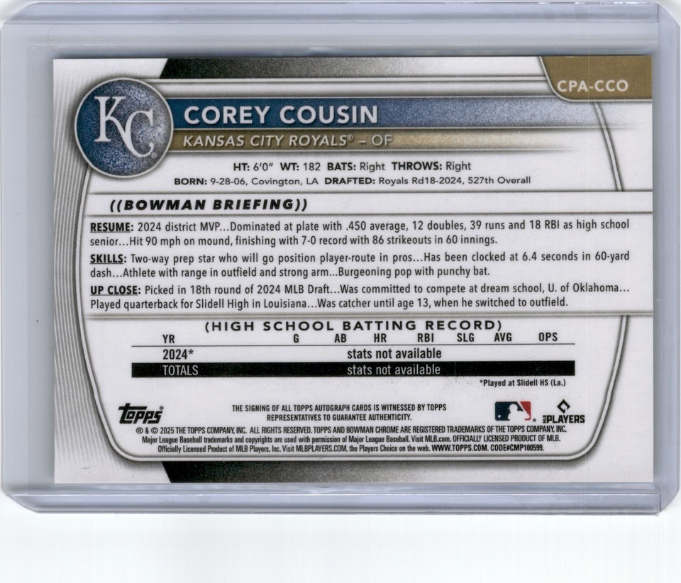 2025 BOWMAN CHROME COREY COUSIN 1ST BOWMAN CHROME AUTOGRAPH | eBay