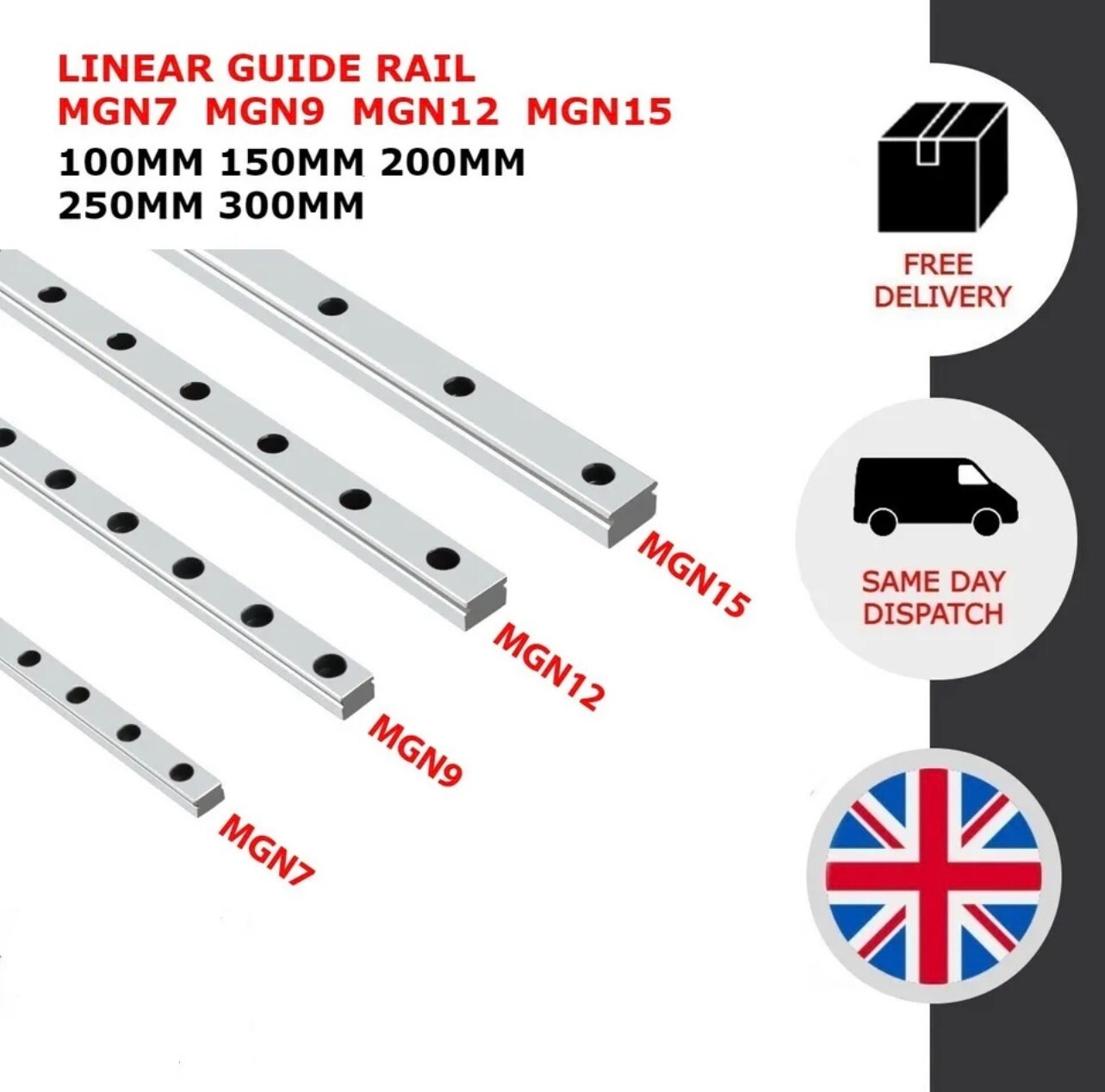 MGN7 MGN9 MGN12 MGN15 LINEAR GUIDE RAIL - 100MM 150MM 200MM 250MM 300MM ...