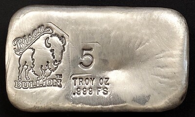 Bison Bullion Hand Poured 5 Troy Oz .999 Fine Silver bar! NO RESERVE ...
