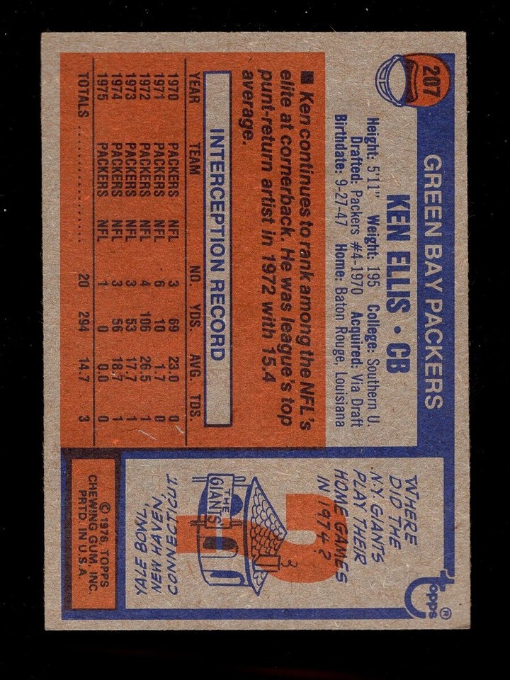 1976 TOPPS #207 KEN ELLIS PACKERS EX | eBay