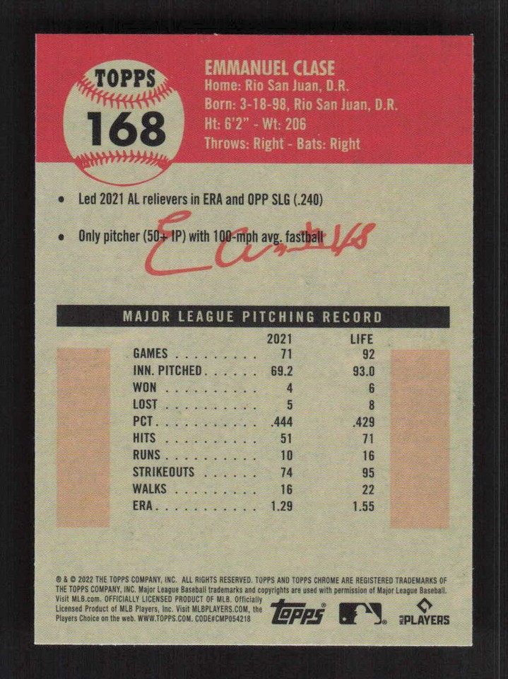 Emmanuel Clase 2022 Topps Chrome Platinum Anniversary Cleveland ...