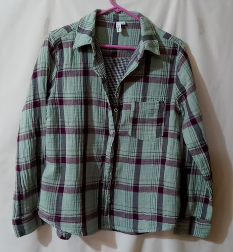 Elan shirt M green & purple plaid double gauze lightweight casual super ...