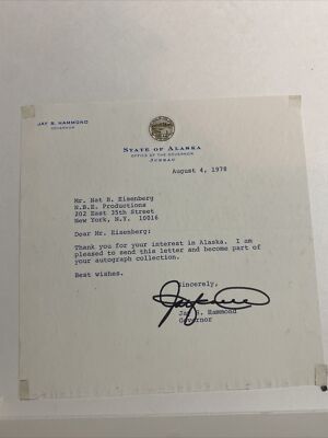 Alaska governor- Jay hammond signed letter | eBay