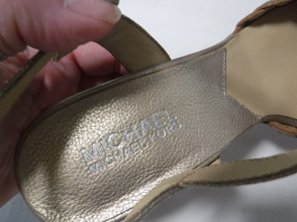 PF2 VTG MICHAEL KORS Woven Gold Leather Ankle Strap Cork Platform Heels ...